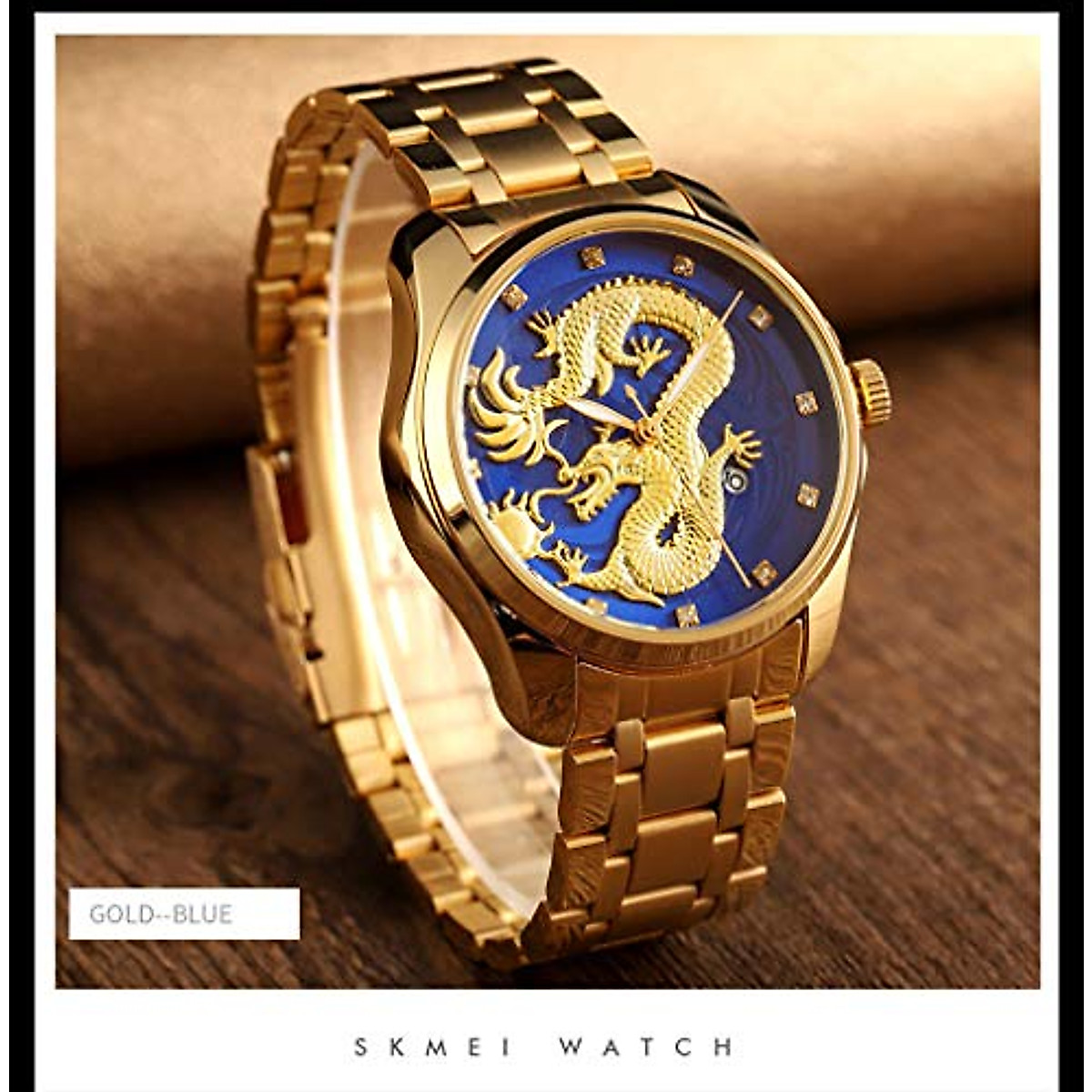Men Boy Luxury Gold Chinese Dragon Carved Dial Diamond Quartz Watch Casual Waterproof Sport Stainless Steel Wristwatch (Gold Blue)