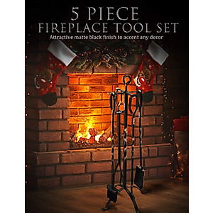 EVOLLY 5 Pieces Fireplace Tools Set 32Inch Heavy Duty Wrought Iron Fire Place Tool Set Fireplace Toolset for Fireplaces, Fire Pits, Hearth Accessories Including Tongs, Shovel, Stand, Poker & Broom