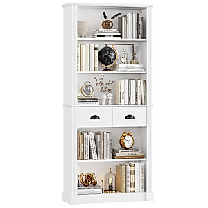 FACBOTALL 5-Tier Bookcase, Book Shelf with 2 Drawers, Tall Bookcase with Shelves, Vintage Display Storage Shelves, Bookshelves for Bedroom, Living Room and Home Office White
