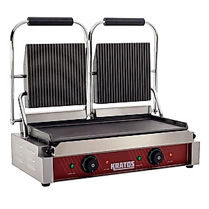 Kratos Commercial Electric Panini Sandwich Grill with Grooved Top and Smooth Bottom Plates, 18.7"x9" Cooking Surface, Commercial Countertop Panini Press, 120V, 3500W (29Y-025)