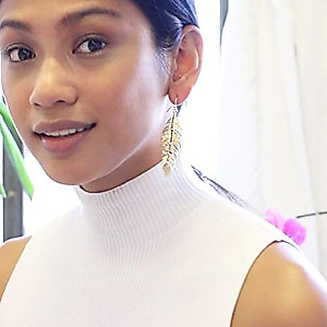 Humble Chic Floating Feathers Dangle Earrings - Long Hanging Metal Link Leaf Drops, Gold