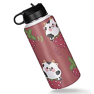 EmroyouYi Strawberry Cow Stainless Steel Sports Water Bottle with Straw Lid Insulated Thermo Mug Gifts for Friends white 32oz