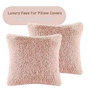 Hyde Lane Luxury Blush Faux Fur Throw Pillow Covers | Soft Fluffy Fuzzy Cushion Cover | Pink Pillows Case for Couch Sofa Bed Aesthetic Room Decor, 18”x18”, 2 Pack