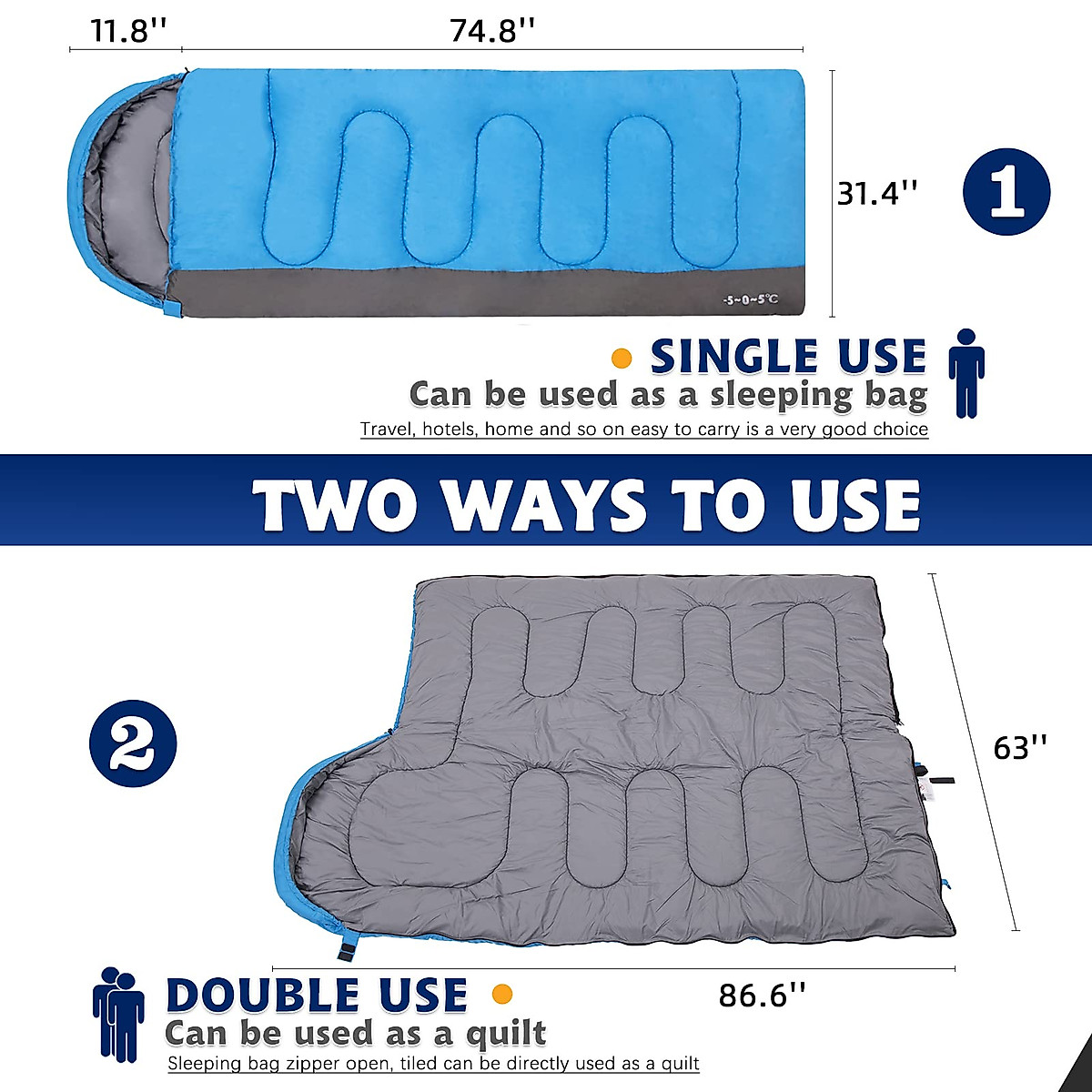 Arctic Lemmings Sleeping Bag for Adults & Kids,Waterproof Lightweight Backpacking Sleeping Bags, Envelope Hooded 3 Season for Camping Hiking Outdoor Travel (Blue)