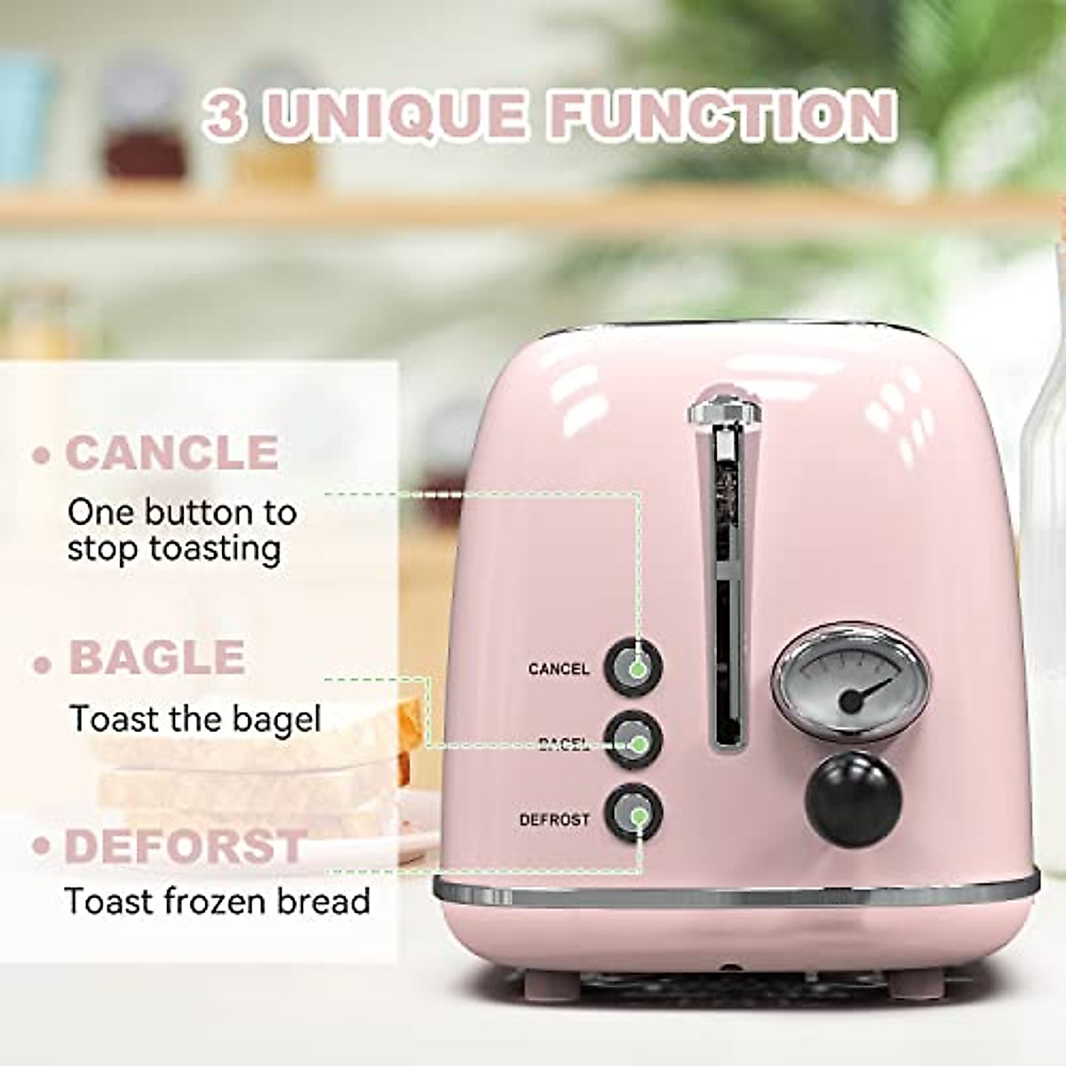 Toaster 2 slice,Retro Stainless Steel Toaster with 6 Settings, 1.5 In Extra Wide Slots, Bagel/Defrost/Cancel Function, Removable Crumb Tray (Baby pink)