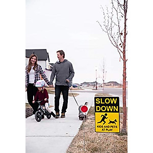 CORQUE Kids at Play Safety Signs for Street, Slow Down & Caution Warning - 2 Pack Double Sided with High Visibility Reflectors & Adjustable Metal Stakes Set - Children Playing Yard Road Visual Signal