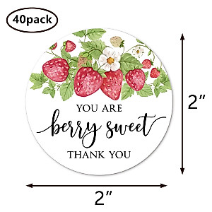 Strawberry Thank You Stickers, 2 Inch Sweet Baby Shower Birthday Party Favor Labels 40-Pack