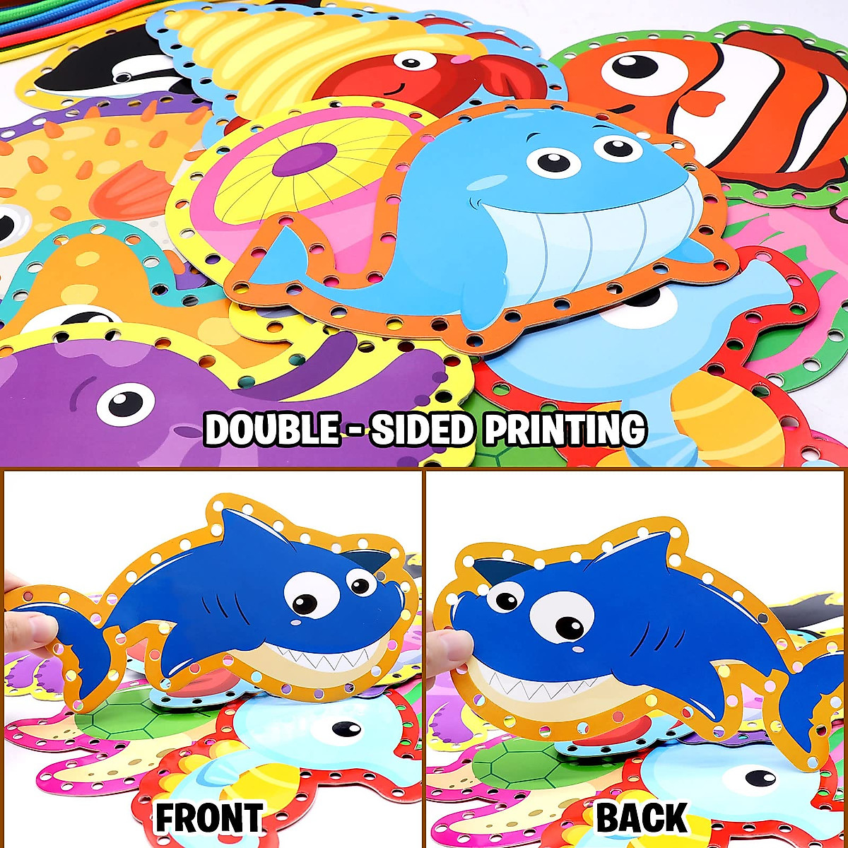 Omlisca Sea Animals Lacing Cards Sewing Cards 12 Pack Shark Whale Ocean Theme Party Decor Double Sided Cardboard Lacing Playing Games for Preschool Home Developing Imagination Education Supplies