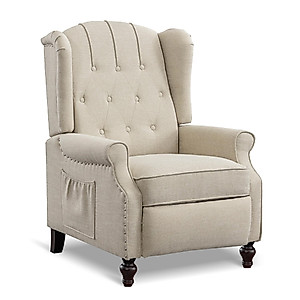 Pushback Recliner Chair, Fabric Armchair Small Recliners Home Theater Seating, Adjustable Modern Reclining Chair for Adults in Living Room (Linen, Beige)