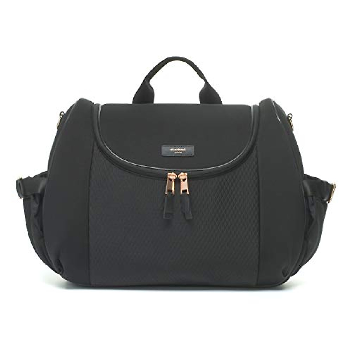 Poppy Luxe Black Scuba Shoulder and Stroller Bag with Rose Gold Hardware by Storksak | Universal Fit, Large Storage Capacity, Water Resistant Converting Diaper Backpack with Integrated Accessories