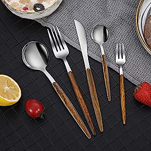 20-Piece Silverware Set with Faux Wooden Handle, Stainless Steel Flatware Set, Tableware Cutlery Set for 4 Including Forks Spoons Knives, Utensil Set for Home and Restaurant,Hand Wash Recommended