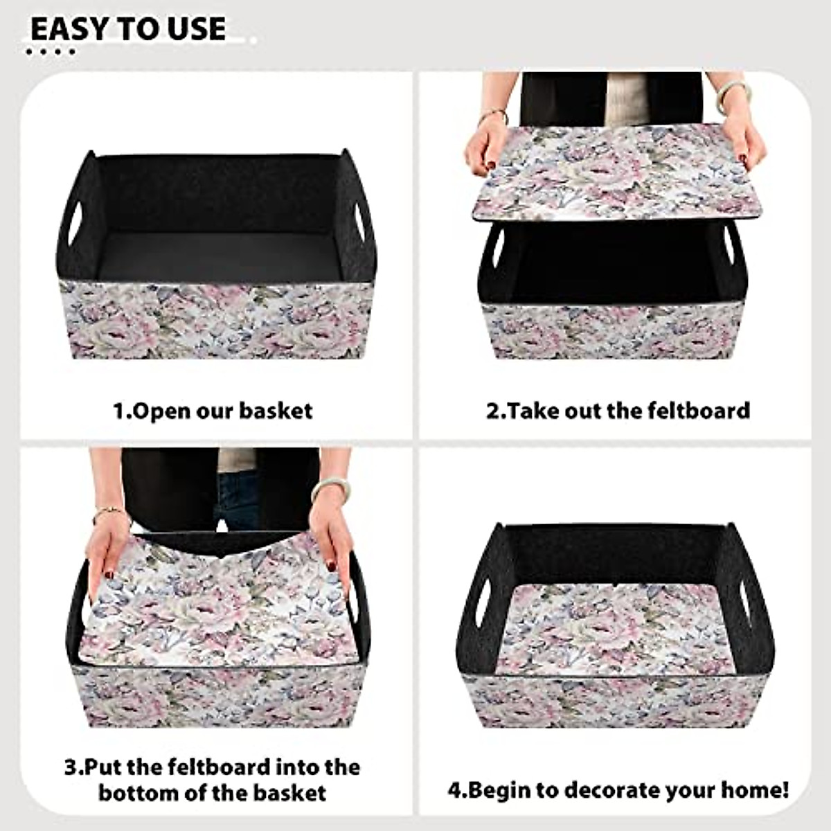 xigua Large Foldable Storage Bins, Felt Storage Basket with Handles, Storage Containers Organizer for Clothes, Toys, Shelves, Closet, Office, Bedroom, Bouquets Of Roses