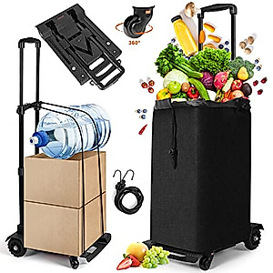 SELORSS 2-in-1 Foldable Hand Truck Utility Cart, Portable Grocery Shopping Cart with Wheels and Removable Waterproof Bag, Collapsible Lightweight Large Capacity for Supermarket, Laundry, Camping