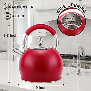 HRHongRui Whistling Tea Kettle for Stove Top Stainless Steel Tea Pot with Ergonomic Silicone Handle Teapot for Stovetop 3.2 Quart / 3 Liter Red