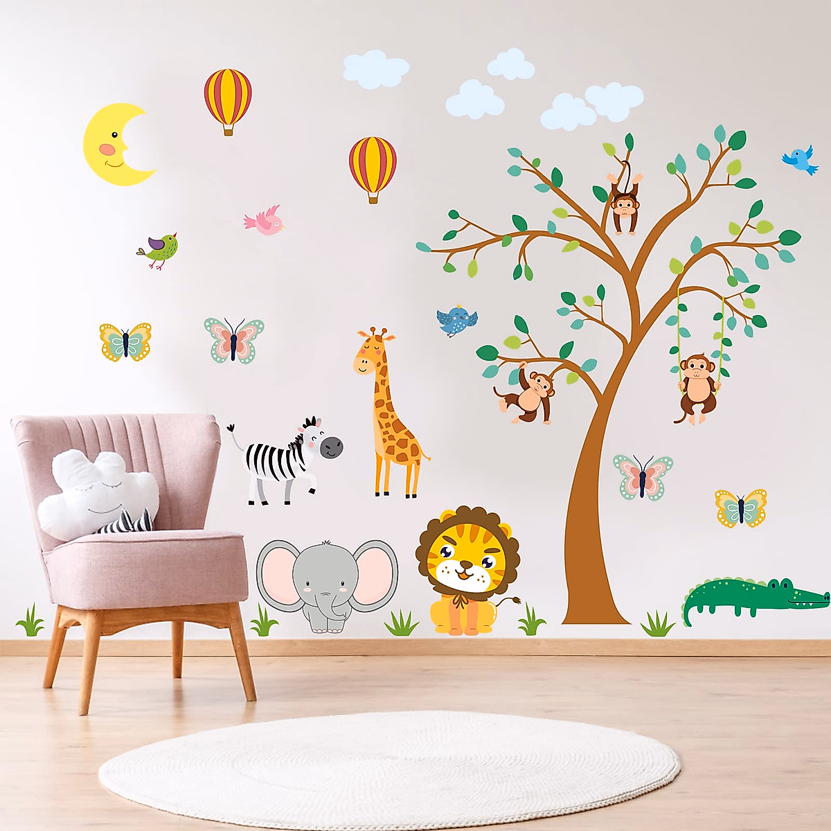 AnFigure Forest Animal Wall Stickers Giraffe Elephant Lion Wall Decals Monkey Tree Wall Stickers for Kids Girls Boy Baby Room Nursery Playroom Daycare Bedroom Kindergarten Wall Decor