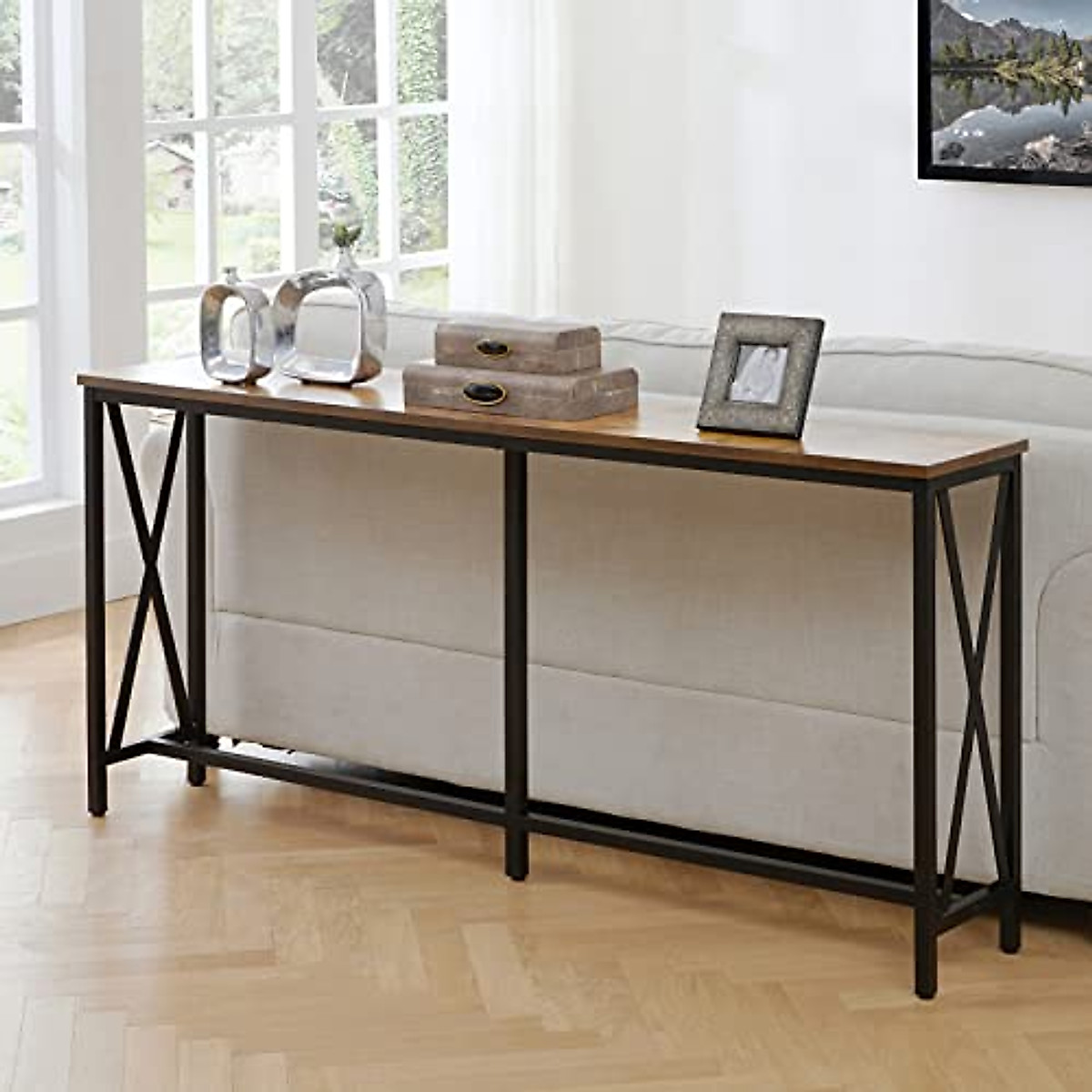 SUPERJARE 70.9 Inch Console Table, Extra Long Entryway Table with Metal Frame and X-Shaped Design, Narrow Sofa Table for Living Room and Hallway - Rustic Brown