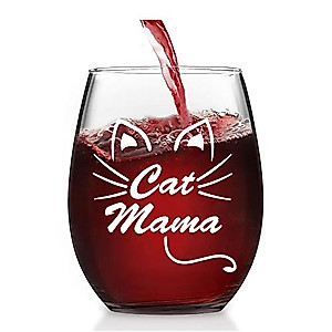 Cat Mama Stemless Wine Glass for Women Cat Mama Friend Cat Mom Cat Lovers Cat Lady Wife Cat Owner Birthday Christmas, Funny Cat Themed Wine Gifts Idea, 15Oz