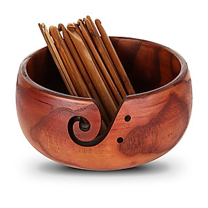 FVIEXE Wooden Yarn Bowl, Yarn Holder Bowls for Knitting & Crocheting Handmade Yarn Storage Bowls & Accessories Wool Storage with Holes Including 12PCS Crochet Hooks Gift for Mothers Day