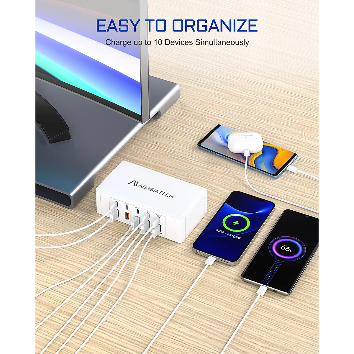Aergiatech USB C Charger Station, 10-Port 100W Charging Hub with PD3.0 and QC3.0 Fast Charging for Multiple Devices, Compatible with iPhone 15/Pro/14/13, iPad Air/Pro, Galaxy -White