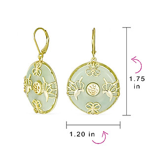 Asian Style Dangle Circle Round Donut Good Fortune Light Green Jade Butterfly Disc Drop Statement Earrings For Women 14K Gold Overlay .925 Sterling Silver Lever Back