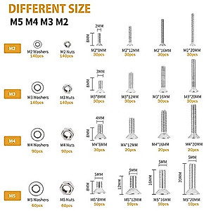 VIGRUE 1230 Pieces M2 M3 M4 M5 Flat Head Socket Cap Screws 304 Stainless Steel Cap Bolts Nuts Washers Assortment Kit with 4Pcs Hex Wrenches