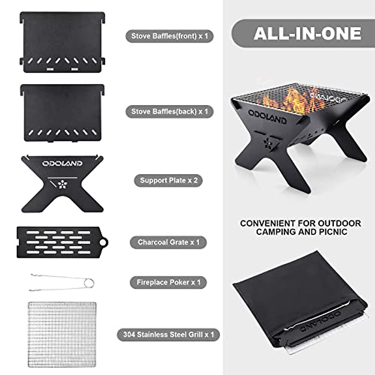 Odoland Camping Campfire Grill, Portable Folding Charcoal Grills ...
