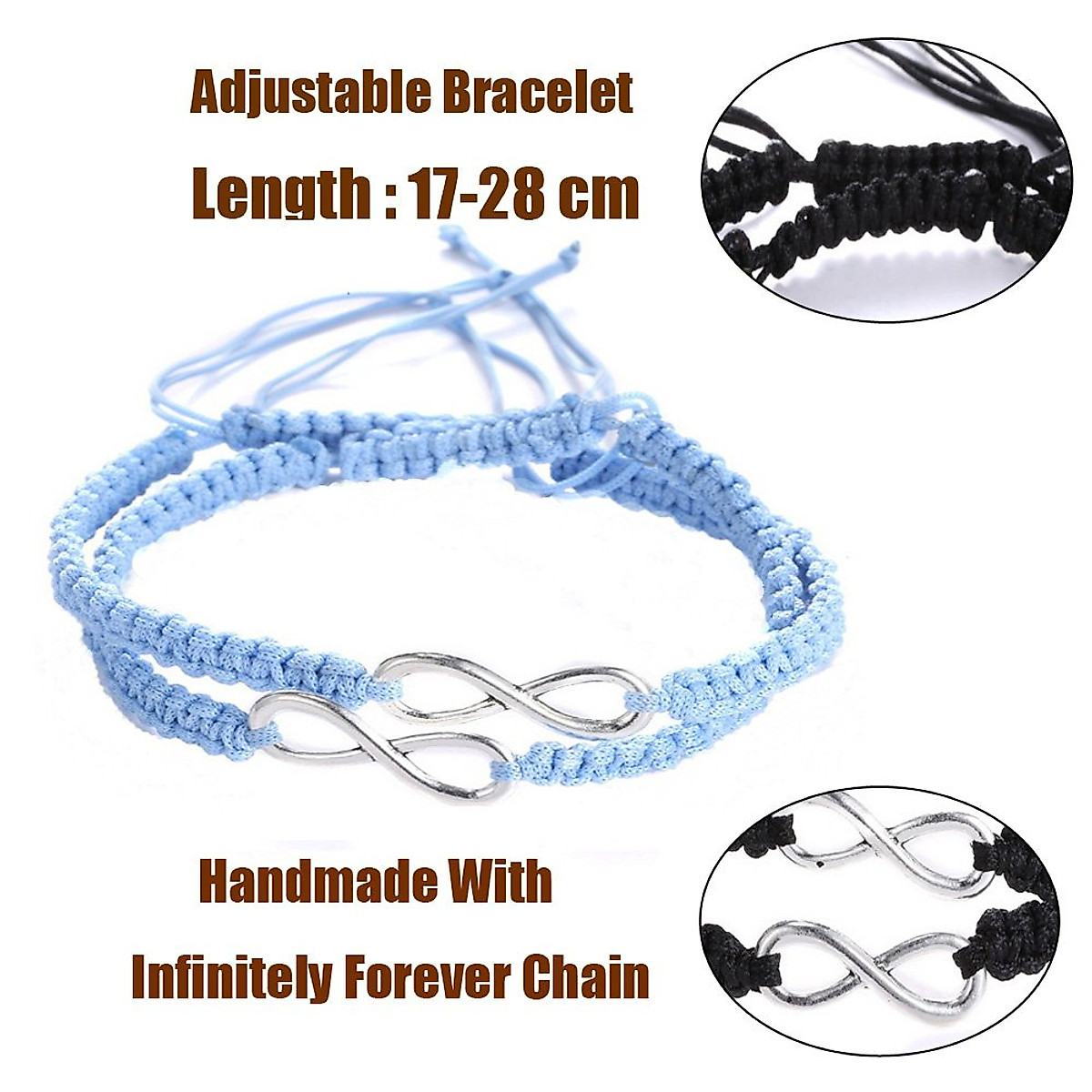 Rullar 2Pcs Women Men Handmade Infinity Forever Lovers Friendship Family Braided Couple Cuff Link Strentch Bracelets Lightblue