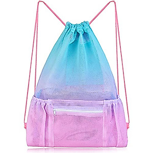 Nidoul Mesh Drawstring Bag with Zipper Pocket, Beach Bag for Swimming Gear Backpack Gym Storage Bag for Adult Kids (Pink Blue)