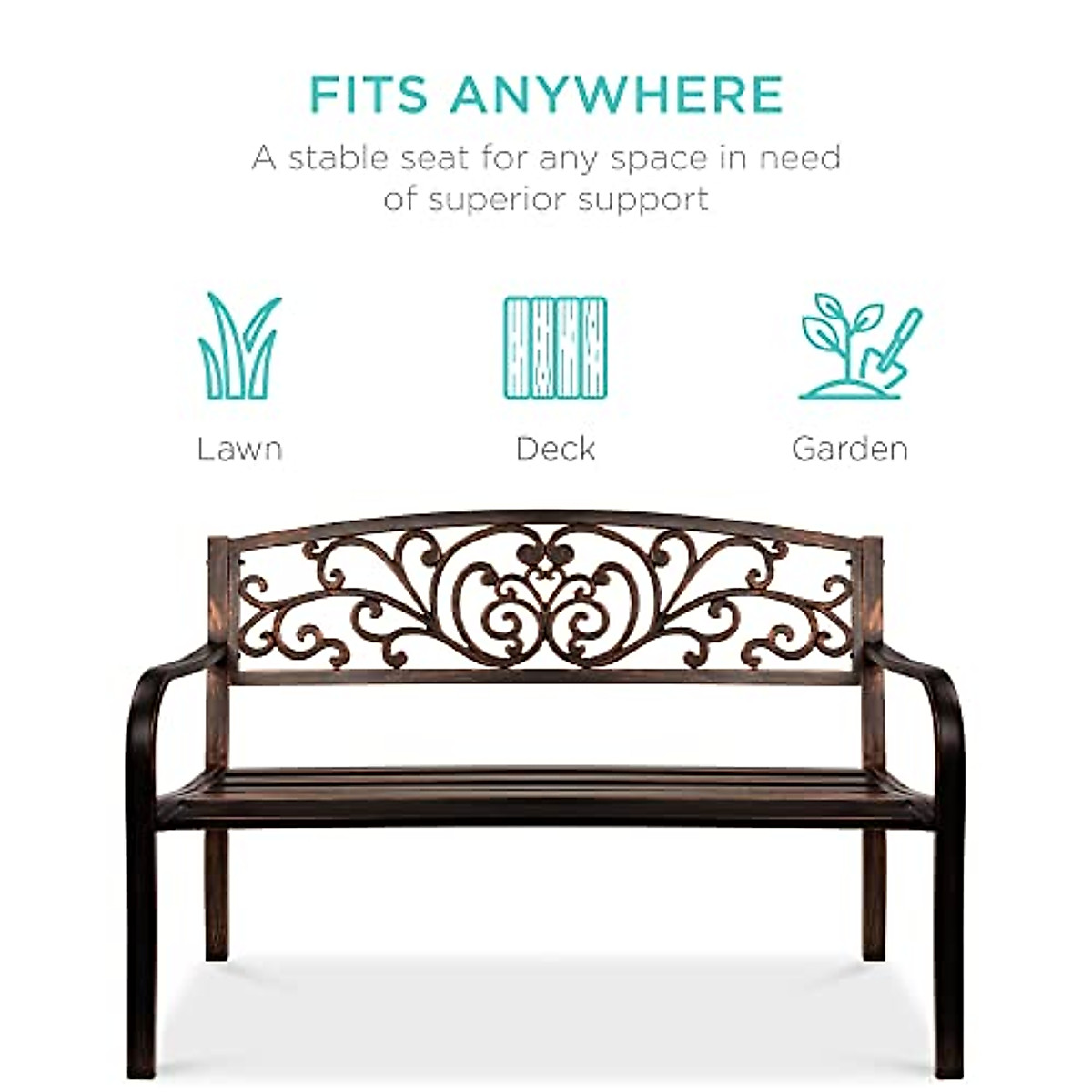 Best Choice Products Outdoor Bench Steel Garden Patio Porch Furniture for Lawn, Park, Deck w/Floral Design Backrest, Slatted Seat - Brown