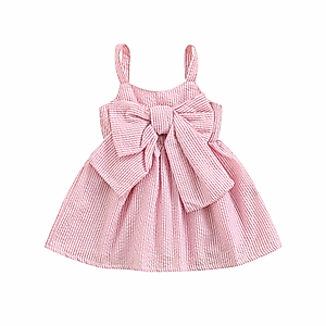 Toddler Baby Girls Sleeveless Dress Front Bowknot Stripe Sling Summer Jumpsuit Princess Casual Romper (Pink, 9-12 Months)