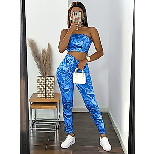 OYOANGLE Women's 2 Pieces Outfit Marble Print Crop Tube Top and High waist Legging Workout Yoga Set Royal Blue XS