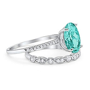 Blue Apple Co. Simulated Paraiba Tourmaline CZ Size-6 Two Piece Oval Wedding Engagement Bridal Set Ring Band Round Simulated Cubic Zirconia 925 Sterling Silver