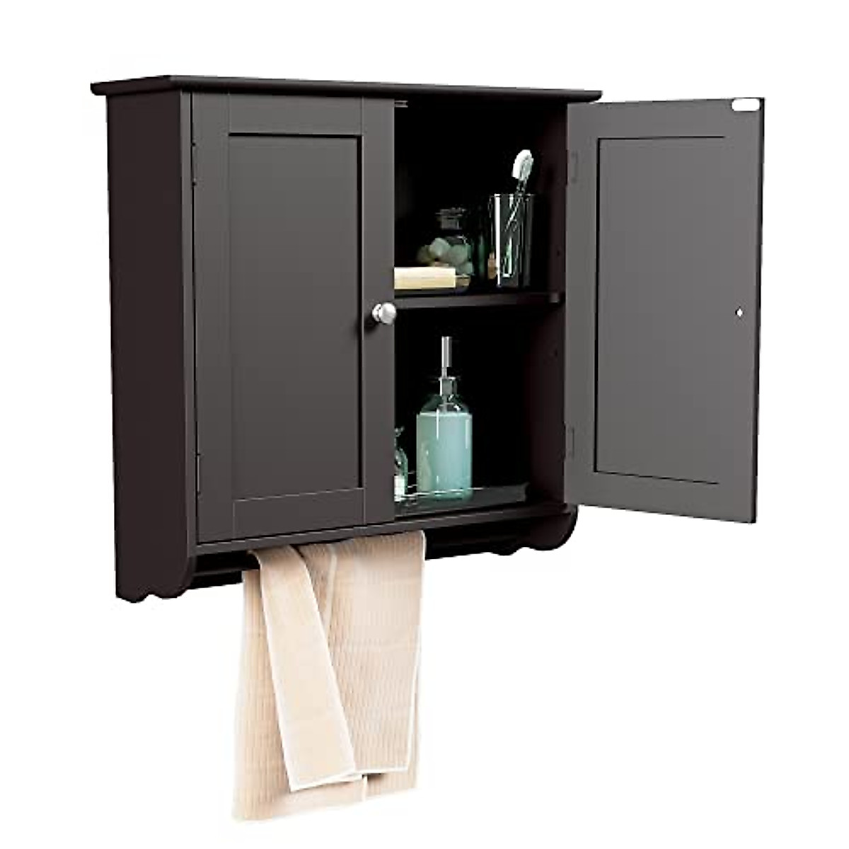 MOIDEI Bathroom Cabinet with Towel Bar, Over The Toilet Storage Cabinet, Black Wall Cabinet with Adjustable Shelf, 23.6"x8.3"x24.4" MDF Medicine Cabinet, 2 Doors Wood Cabinet for Kitchen,Laundry Room