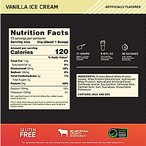 Optimum Nutrition Gold Standard 100% Whey Protein Powder, Vanilla Ice Cream, 5 Pound (Packaging May Vary)