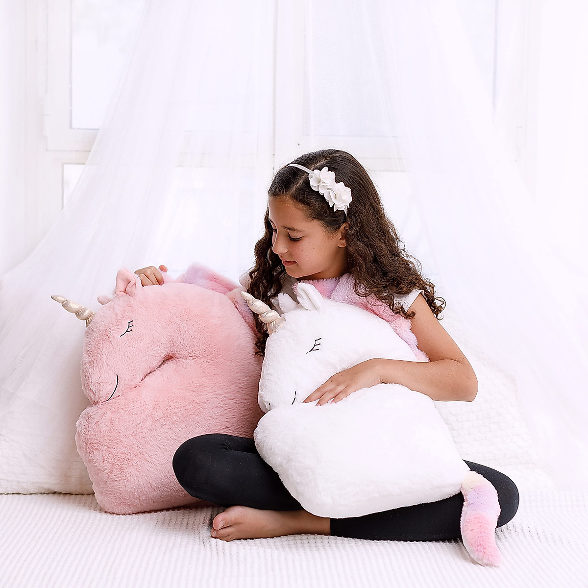 Perfectto Design Set of 2 Decorative Unicorn Pillows for Girls Kids Bed Room - White Pink Fluffy Plush for Baby Girl, Cute Throw Pillows Bedroom Décor, Teepee