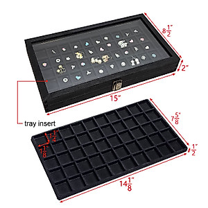 MOOCA Natural Wood Tempered Glass Top Jewelry Display Case Accessories Storage Box with Metal Clasp & Removable 50 Compartment Flocked Tray Liner, Wooden Jewelry Tray for Collectibles, Black