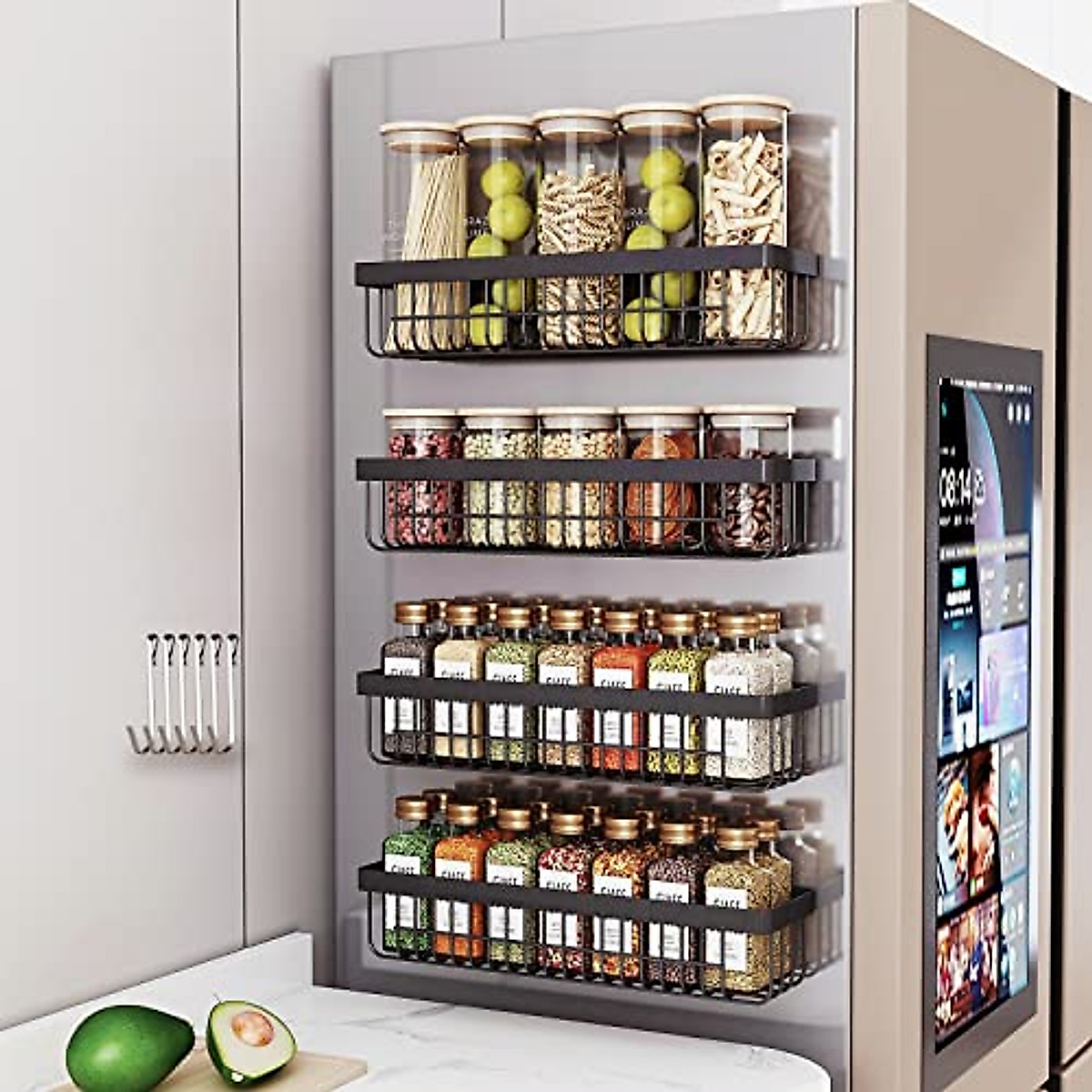 KAFAHOM Magnetic Spice Rack for Refrigerator, 4 Pack Spice Racks Organizer, Magnet Spice Rack Saves Space in Fridge, Kitchen Spice Storage Rack,Black