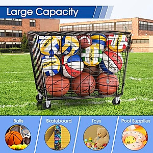 Mythinglogic Rolling Sports Ball Storage Cart, Sports Lockable Ball Storage Locker with Elastic Straps, Stackable Ball Cage for Garage Storage Garage Organizer (Large Set)