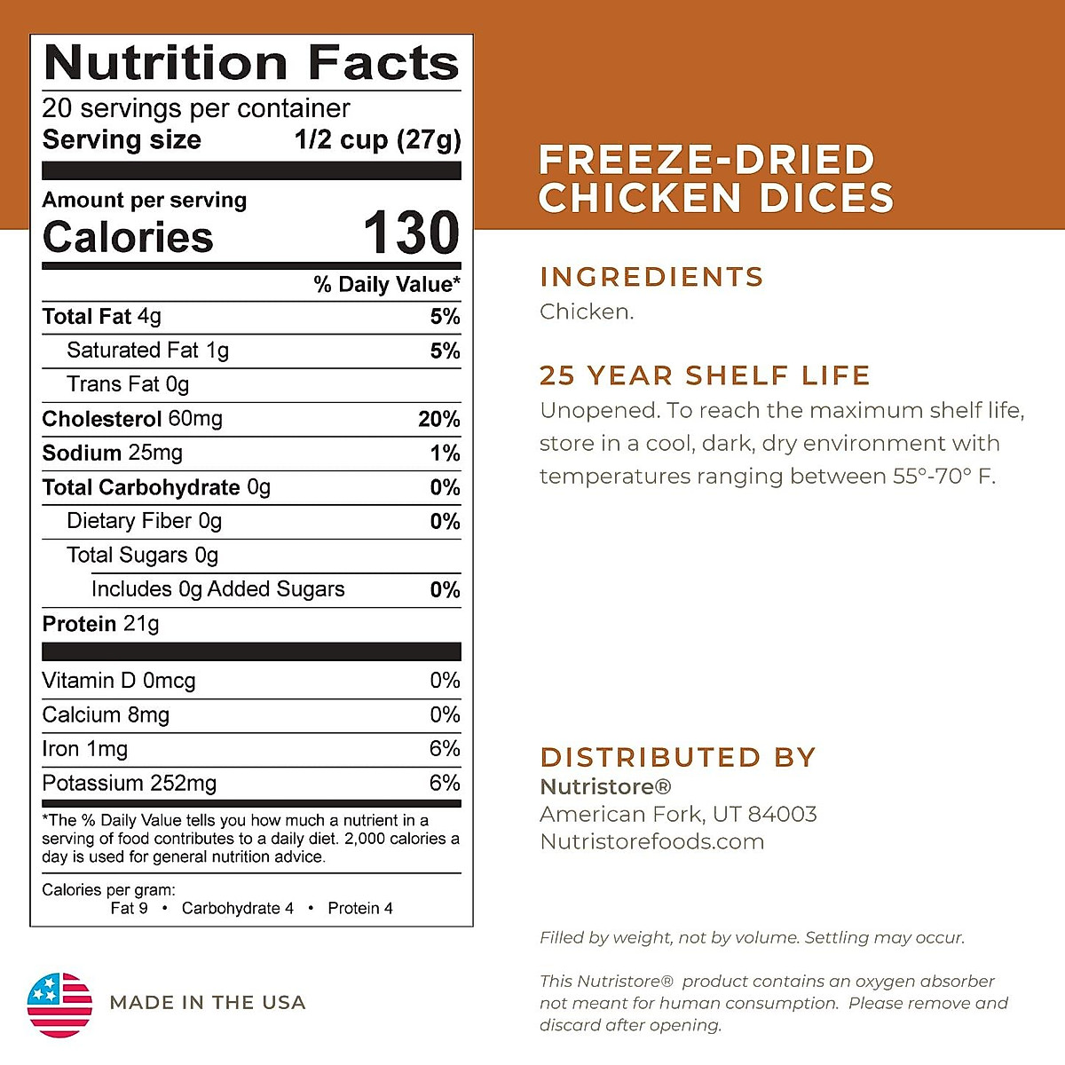 Nutristore Freeze Dried Chicken, Emergency Survival Bulk Food Storage, Premium Quality Meat, Perfect for Lightweight Backpacking or Home Meals, USDA Inspected
