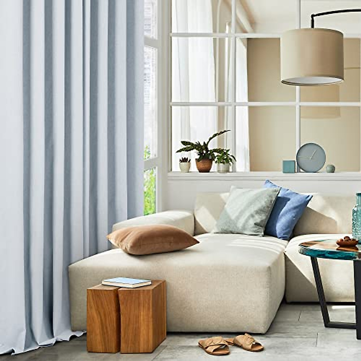 Deconovo Faux Linen Total Blackout Curtains 63 Inches Length, Light Blue, Grommet Thermal Insulated Curtain, Noise Reduction Draperies for Bedroom Living Room, 52" W x 63" L, 1 Pair