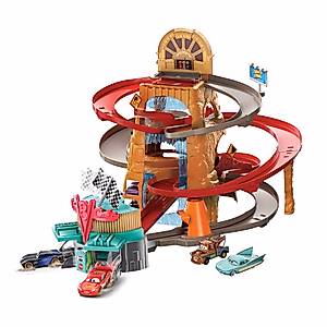 Mattel Disney and Pixar Cars Track Set, Radiator Springs Mountain Race Playset with 2 Toy Cars, Launcher & Winning Flag