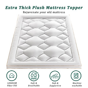 FLEXPEDIC Mattress Topper Queen,Extra Soft Pillow Top Mattress Topper for Firm Bed,Cooling Cloud-Like 1200GSM Down Alternative Filled,4 Anchor Elastic Bands,60 * 80 Inches,White