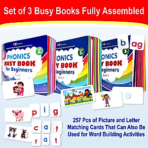 KIDDIEWIZE Learn to Read Phonics Busy Book for Beginning Readers, Montessori-Inspired Set of 3 Books for Kids Ages 3 4 5 6 7 8, 60 Learning Activities, Read in 4 Weeks with CVC Words and Sight Words