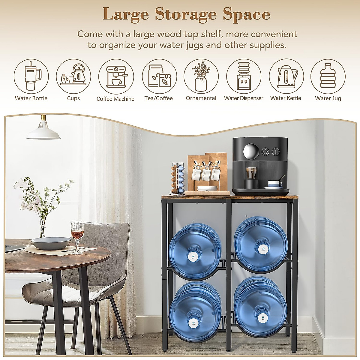 VINAEMO 5 Gallon Water Jug Holder, 3-tier Water Jug Stand with Extended Wood Tabletop Shelf, 4 Slots 5 Gal Water Bottle Holder Storage Rack with Water Dispenser Stand for Home,Office,Garage Organizer