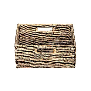 La Jolla Rattan Shelf Basket with Handles, Medium, Black-Wash