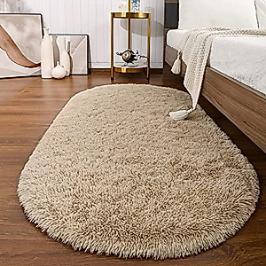 Softlife Fluffy Rugs for Bedroom, Shag Cute Area Rug for Girls and Kids Baby Room Home Decor, 2.6 x 5.3 Feet Oval Indoor Carpet for Nursery Dorm Living Room, Camel