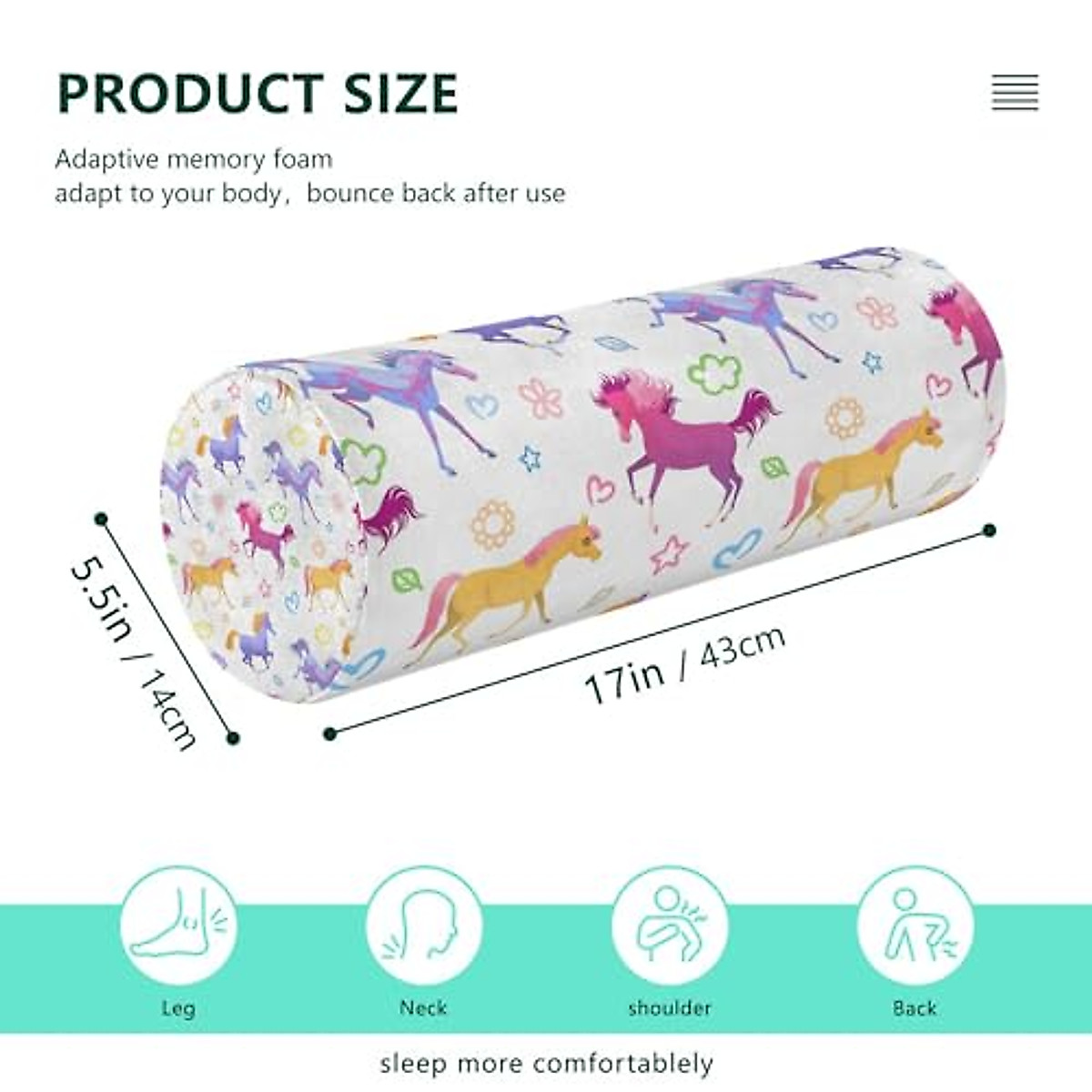 xigua Coloful Horses Neck Roll Pillow for Neck Relief with Removable Washable Cover - Memory Foam Round Cylinder Bolster, Ergonomically Designed for Head, Neck, Back, and Legs