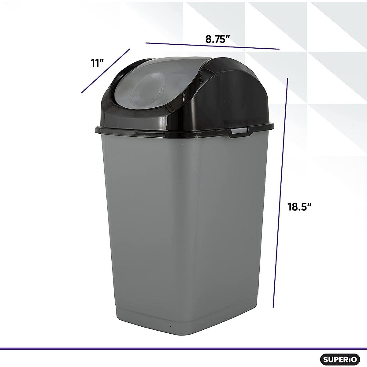Superio Trash Can for Dorm Room with Lid 4.5 Gallon Plastic Garbage Can with Swing Top Lid, Medium Slim Waste Bin with Cover for Home, Kitchen, Office, Bedroom, Bathroom, College- 18 Qt (Gray/Black)