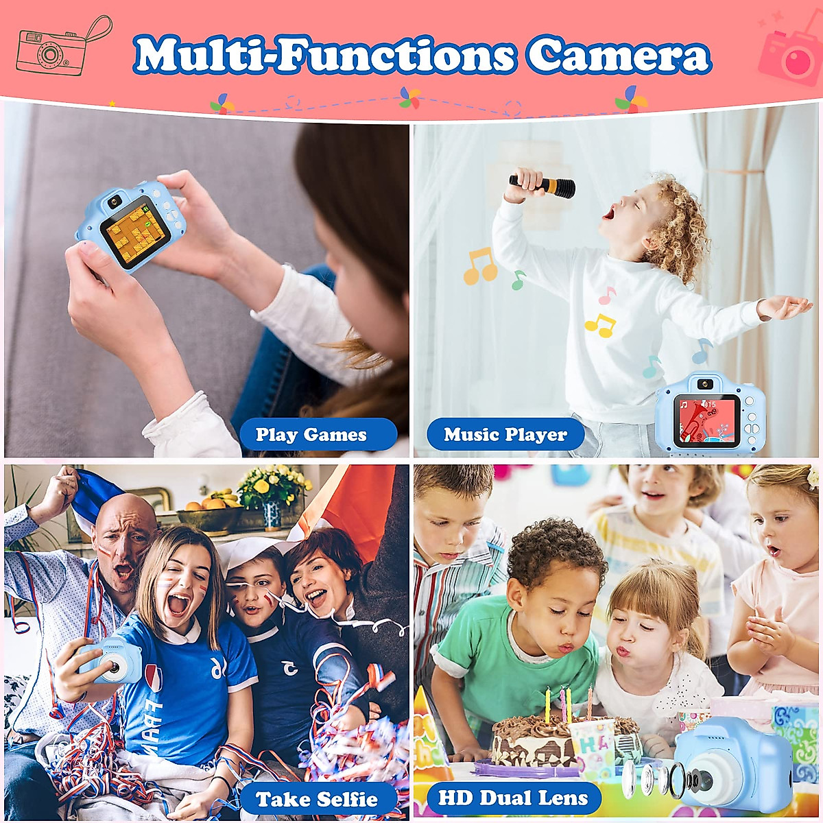 Zeacool Kids Camera, HD Digital Video Camera, Childrens Toys for 3 4 5 6 7 8 9 Year Old Boys/Girls, Selfie Camera for Kids, Christmas Birthday Gifts with 32GB SD Card (Blue)