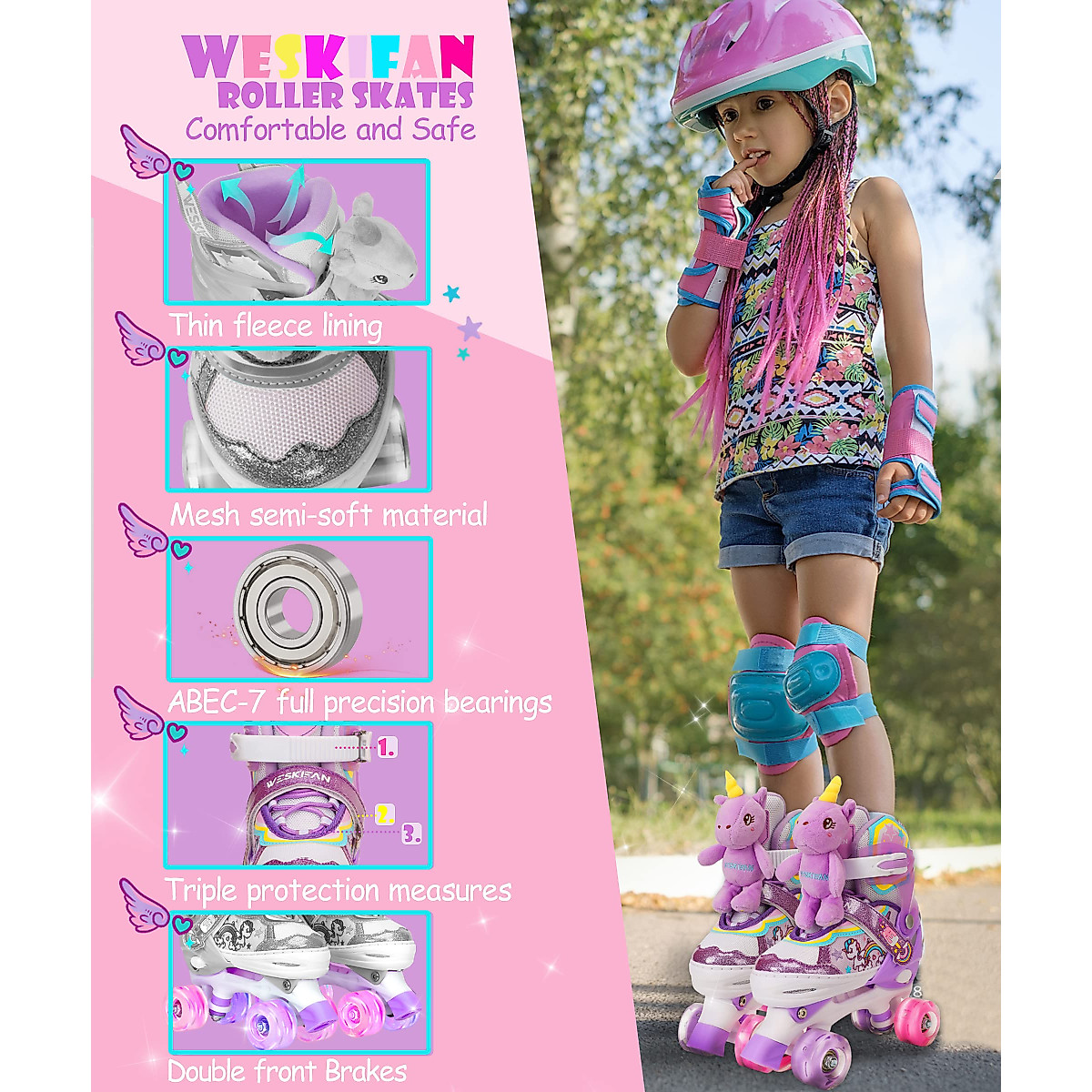 Unicorn Doll Kids Toddler Roller Skates for Girls,WESKIFAN Quad Skating Shoes With Shiny Light up Wheels&Adjustable Sizes Beginners rollerskates for Birthday Xmas Gifts,Patines para Niñas Niños